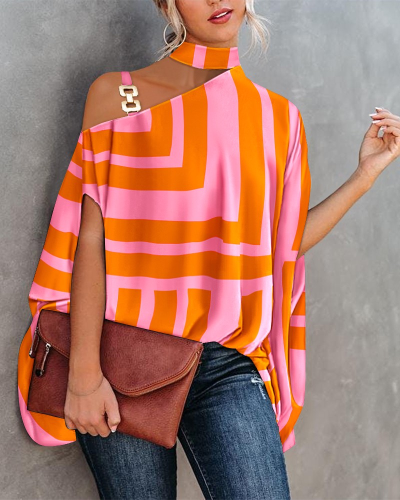 Geo Print Chain Strap Cold Shoulder Top