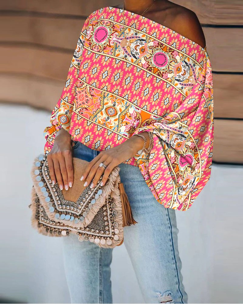 Tribal Print Skew Neck Lantern Sleeve Top
