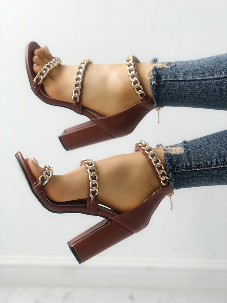 Chain Embellished Ankle Strap Chunky Sandals