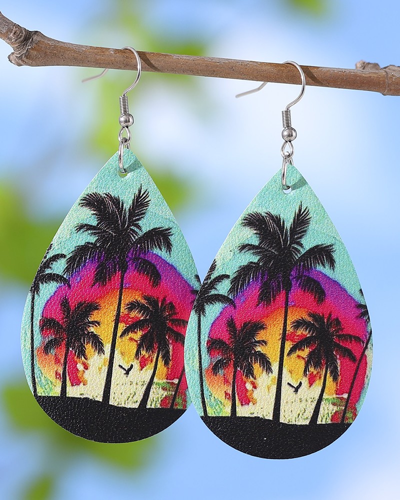 1Pair Coconut Tree Landscape Waterdrop Hook Earrings
