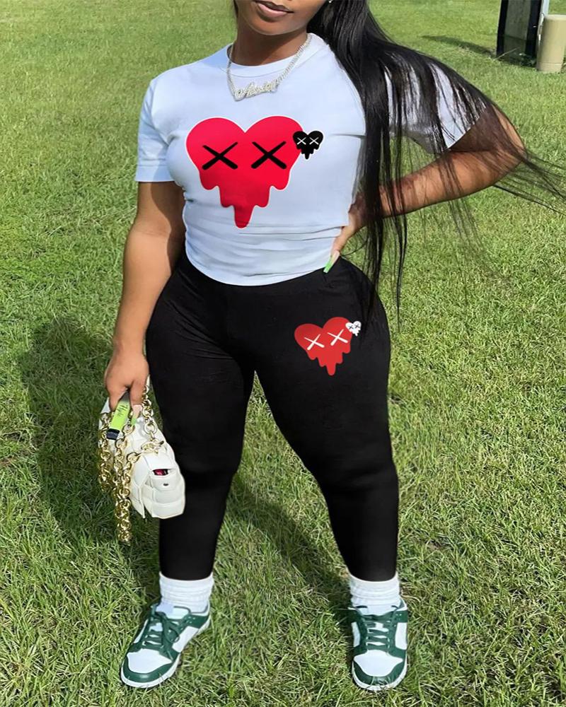 Plus Size Funny Heart Print Casual T-shirt & Pants Set