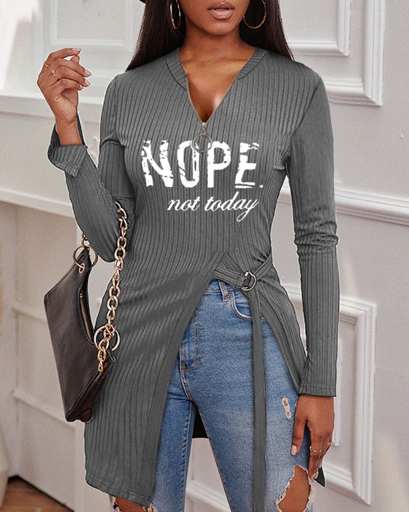 Letter Print High Split Zip Front Top