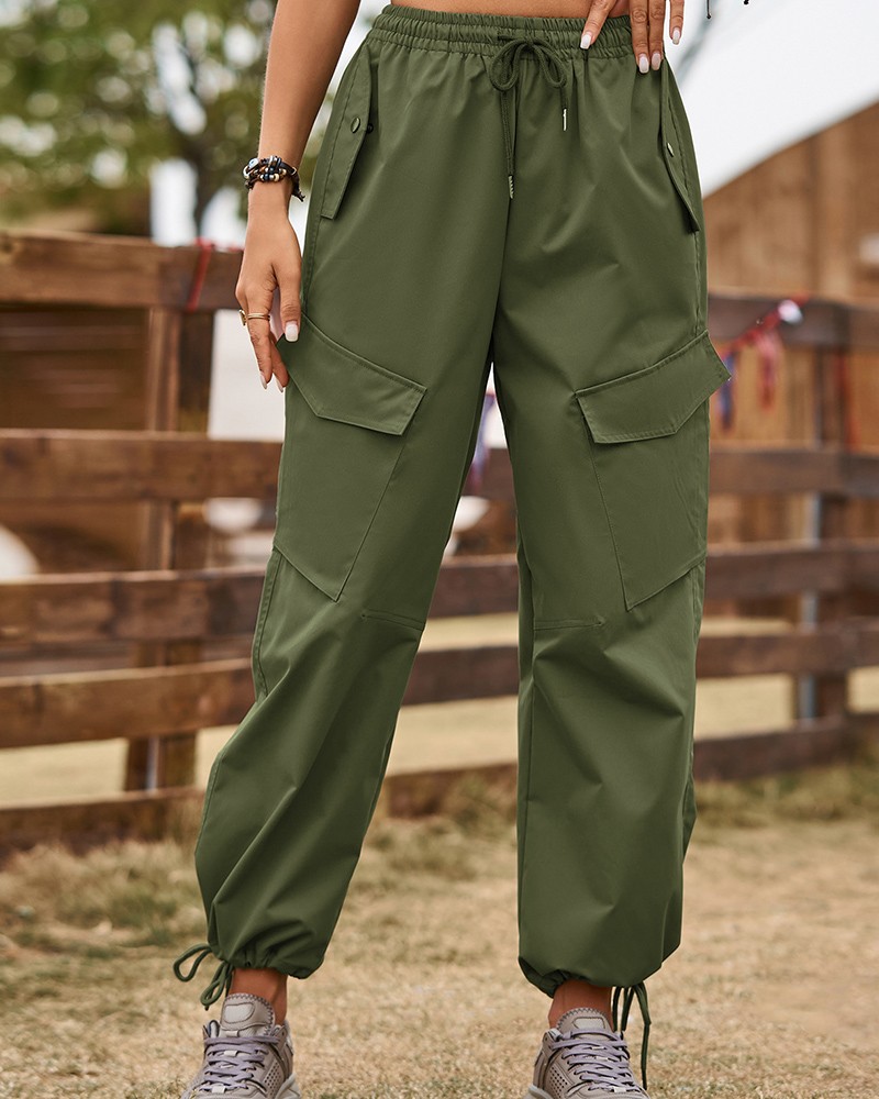 Snap Button Drawstring Cuffed Cargo Pants