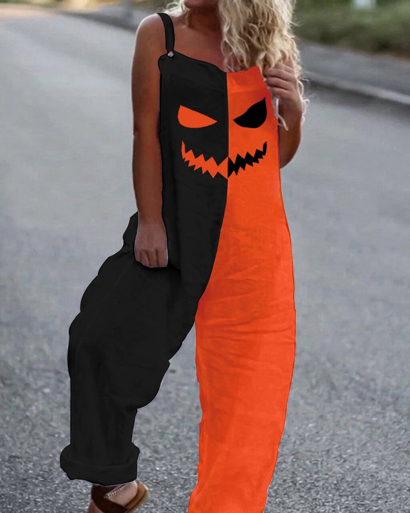 Macacão Suspensório com Impressão de Rosto Assustador Halloween Colorblock