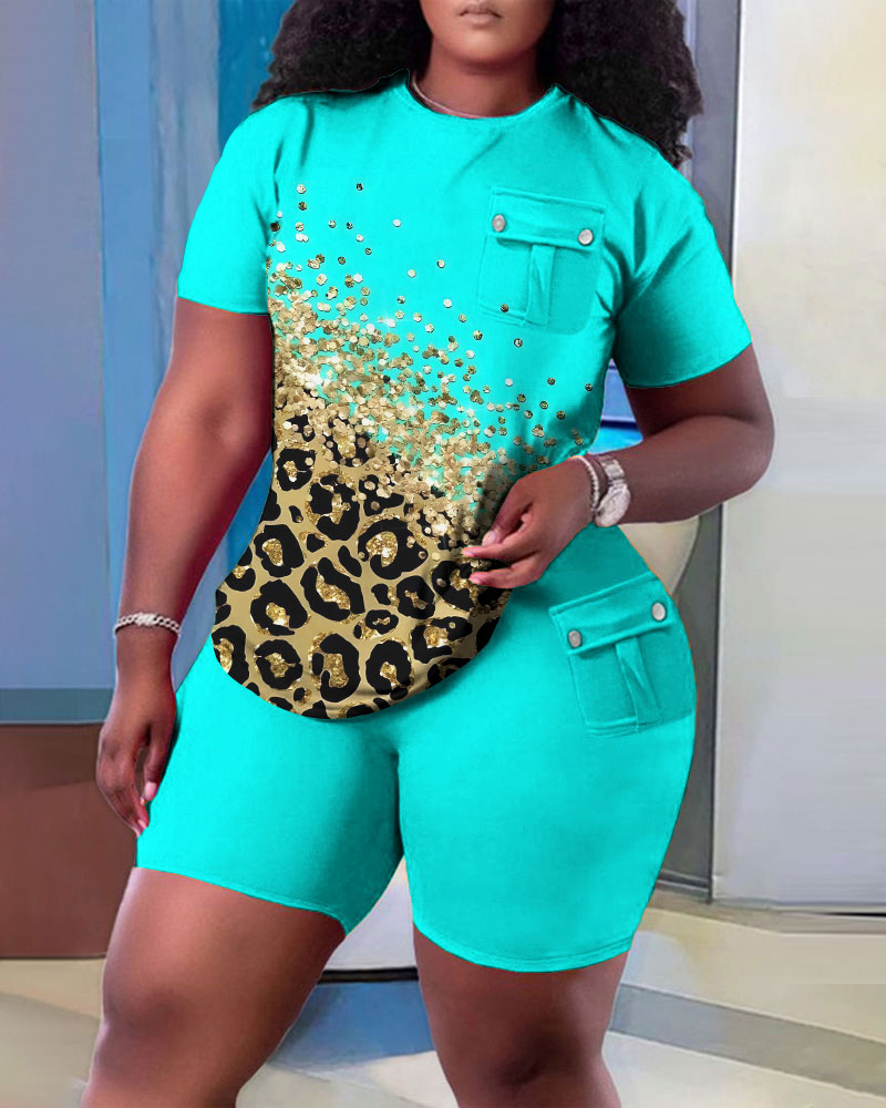 plus-size-contrast-leopard-print-pocket-design-top-shorts-set