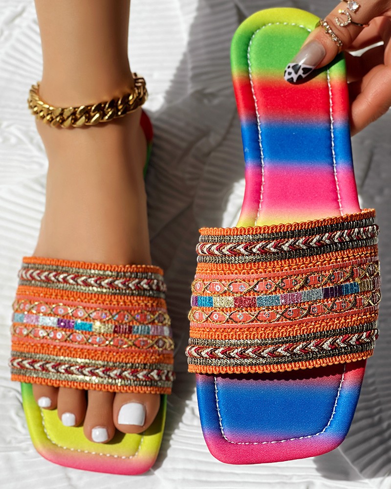 Rainbow Ombre Colorblock Braided Boho Slippers