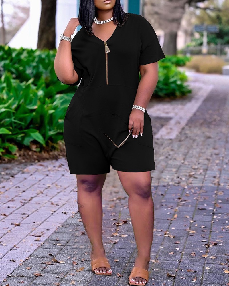 Pocket Design Zip Front Short Sleeve Romper