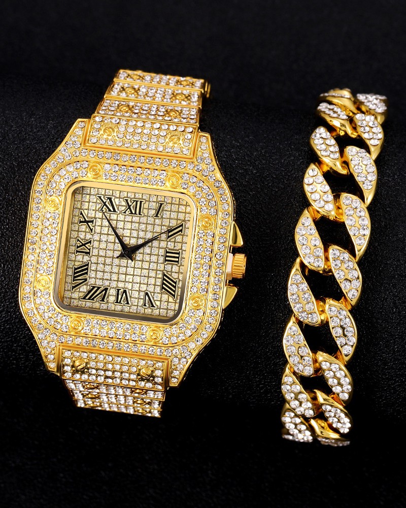 2pcs Rhinestone Square Quartz Watch & Chain Bracelet Set
