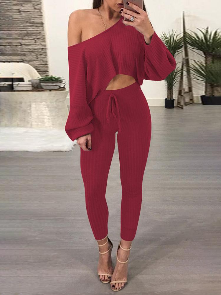 Skew Neck Drawstring Cropped Suit Sets