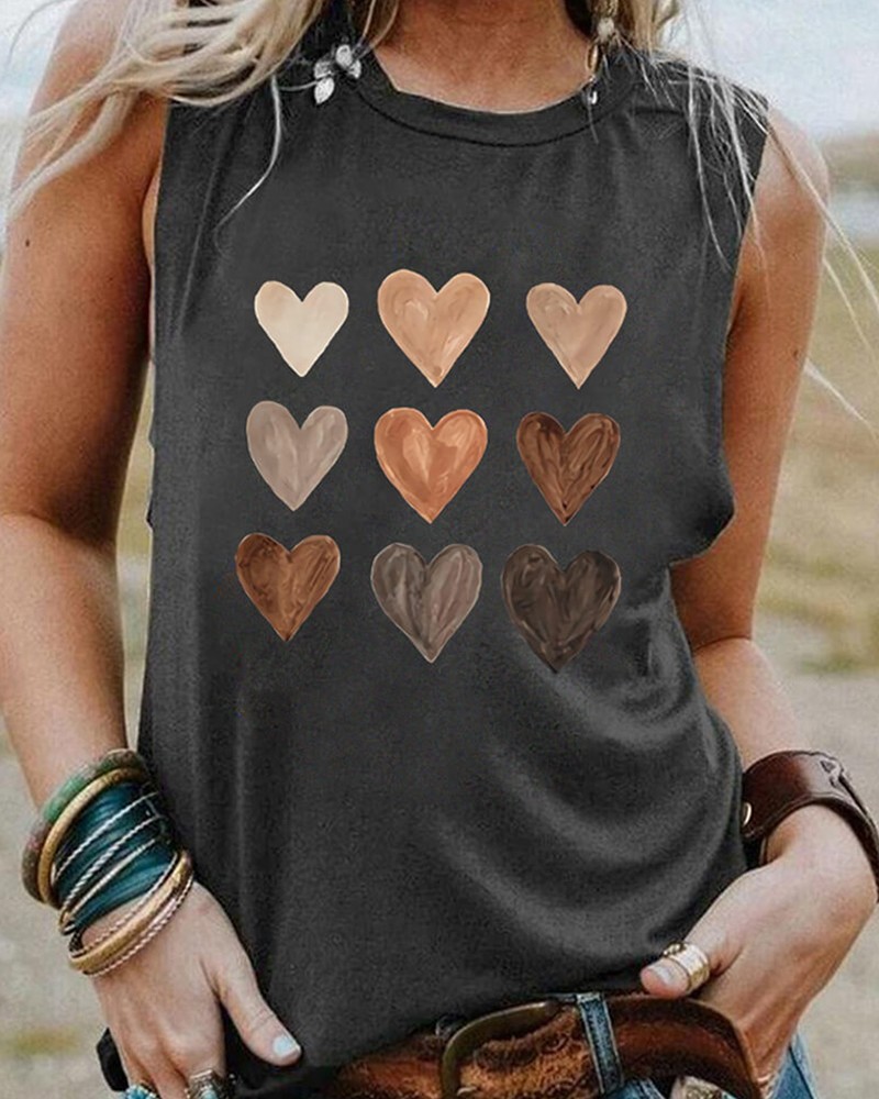 Heart Print Sleeveless O-neck Tank Top