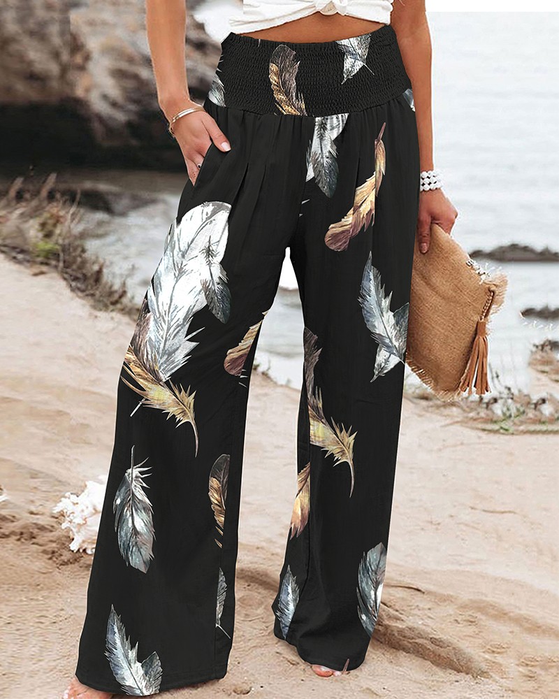 Feather Print High Waist Wide Leg Pants