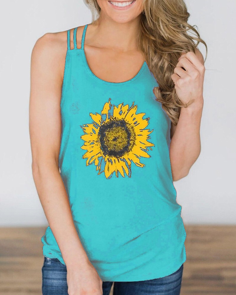 Sunflower Print Round Neck Sleeveless Top