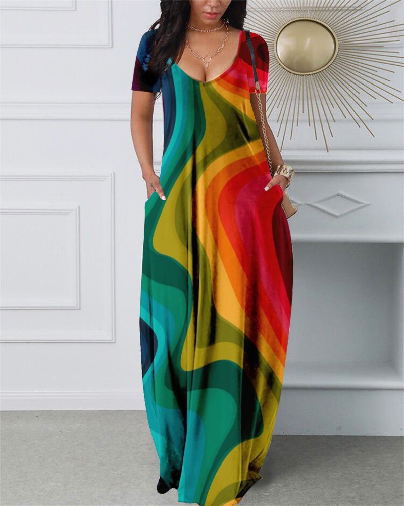 Short Sleeve Abstract Print Pocket Design Dress