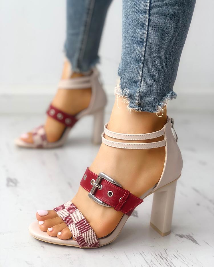 Grid Buckled Zipper Chunky Heeled Sandals