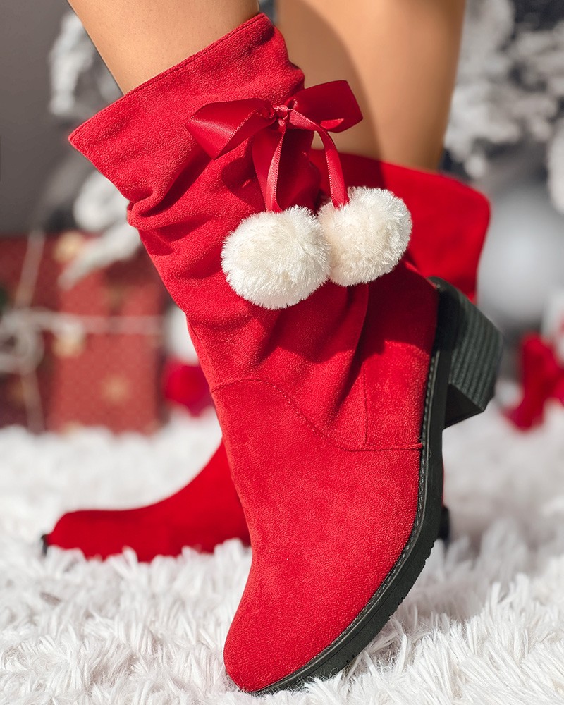 Bowknot Design Pom Pom Ruched Ankle Boots
