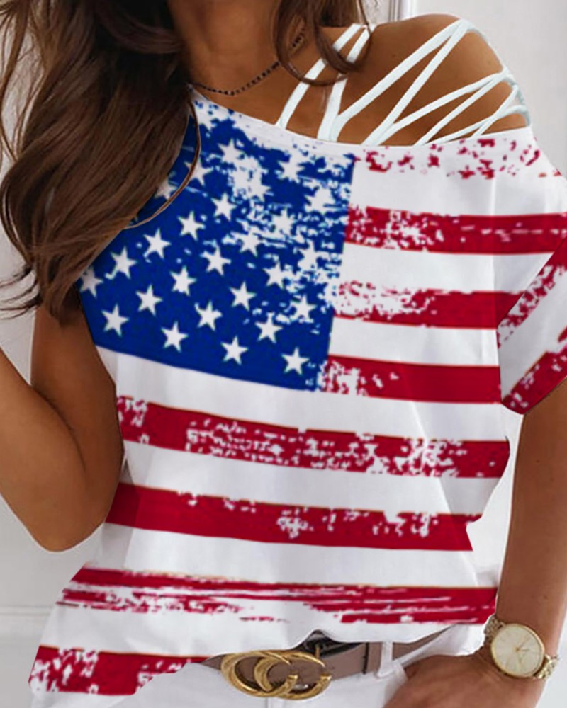 Cold Shoulder Lace-up Flag Pattern Print T-shirt