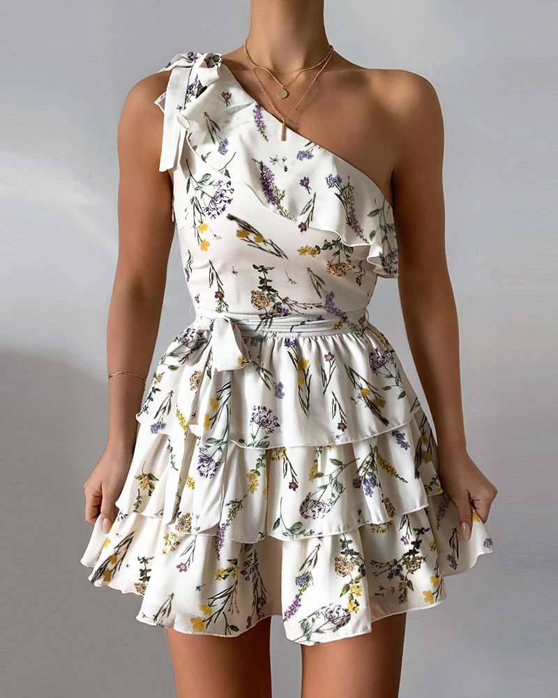 One Shoulder Ruffle Hem Floral Print Layered Sleeveless Dress