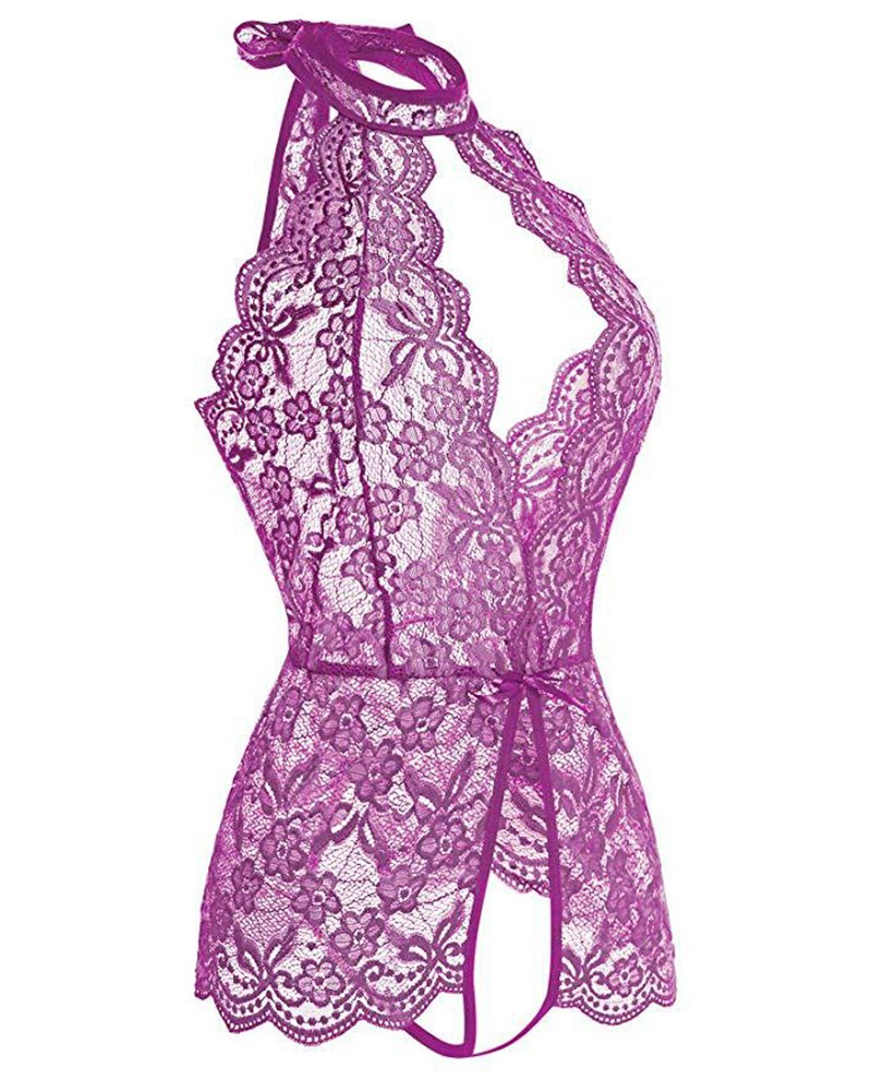 Crochet Lace Sheer Mesh Halter Teddy