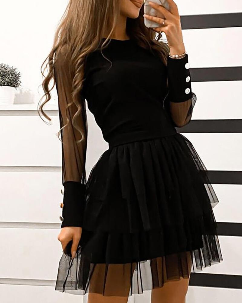Sheer Mesh Button Design Layered Dress
