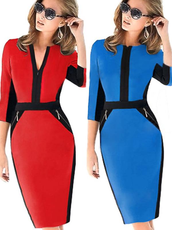 New Fashion Women Autumn Work Elegant Patchwork Stretch Tunic Business ...