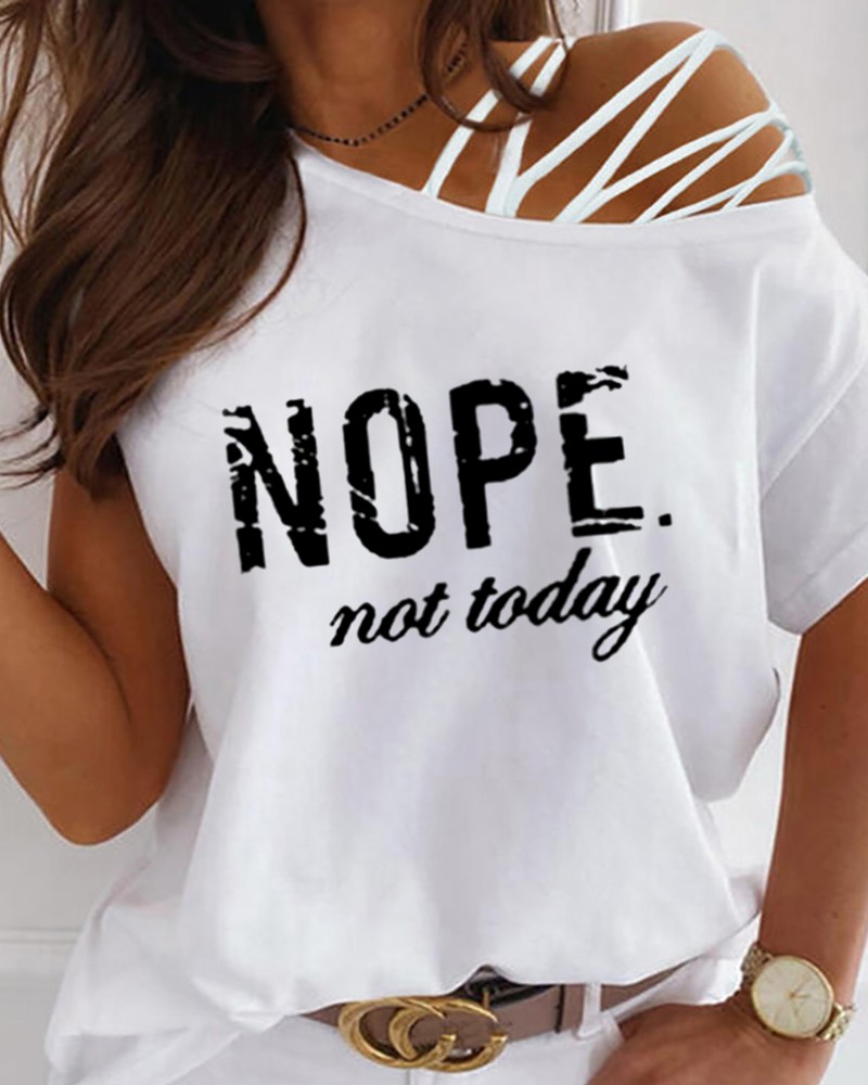 One Shoulder Lace-Up Letter Print T-shirt