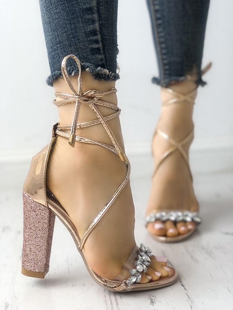Shiny Transparent Strappy Chunky Heeled Sandals