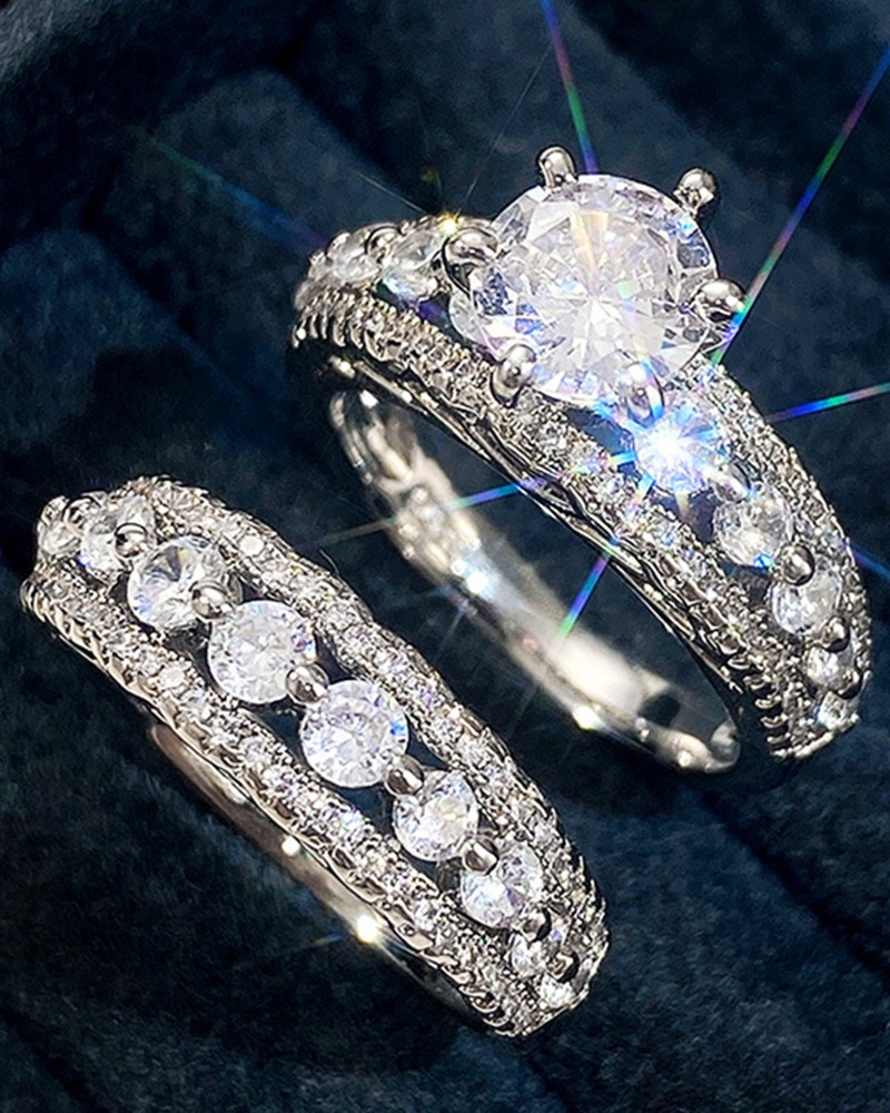 2pcs Geometric Rhinestone Zircon Wedding Party Couple Rings Set