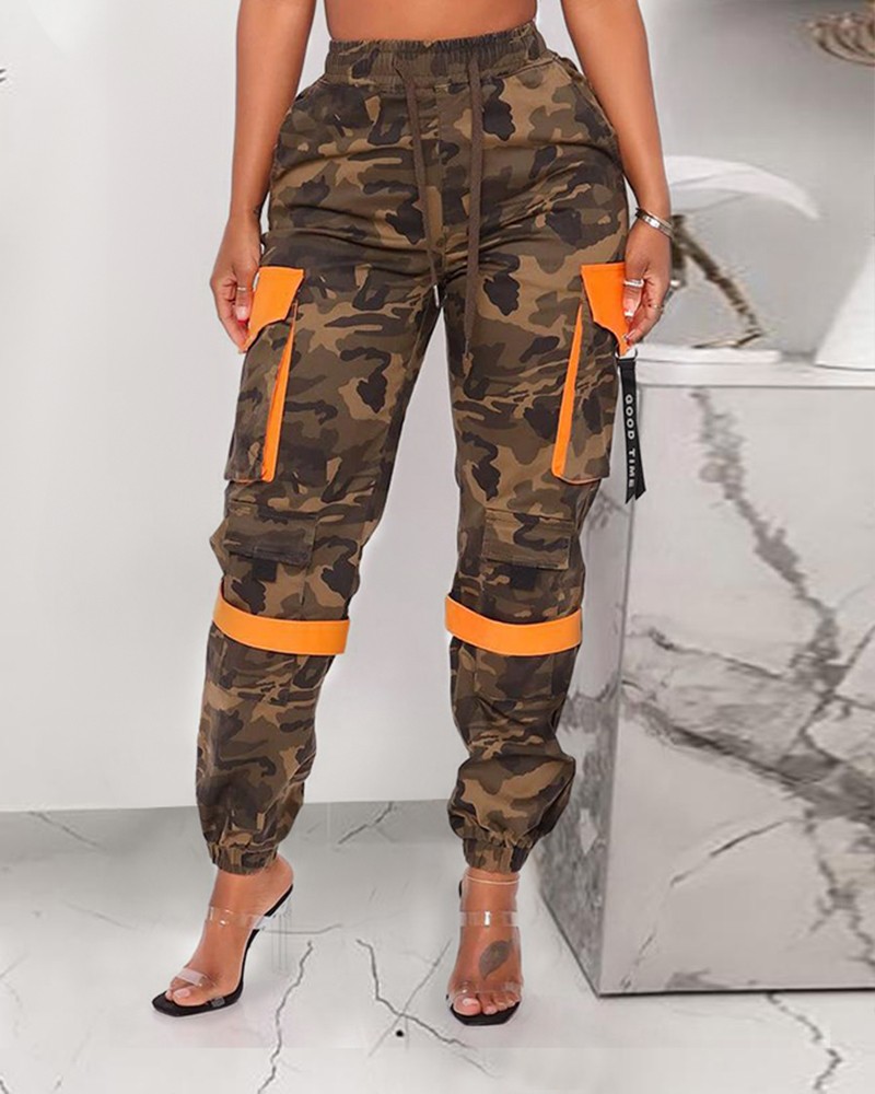 Camouflage Colorblock Pocket Design Cargo Pants
