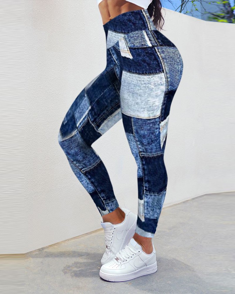 Denim Look Print High Waist Sports Leggings