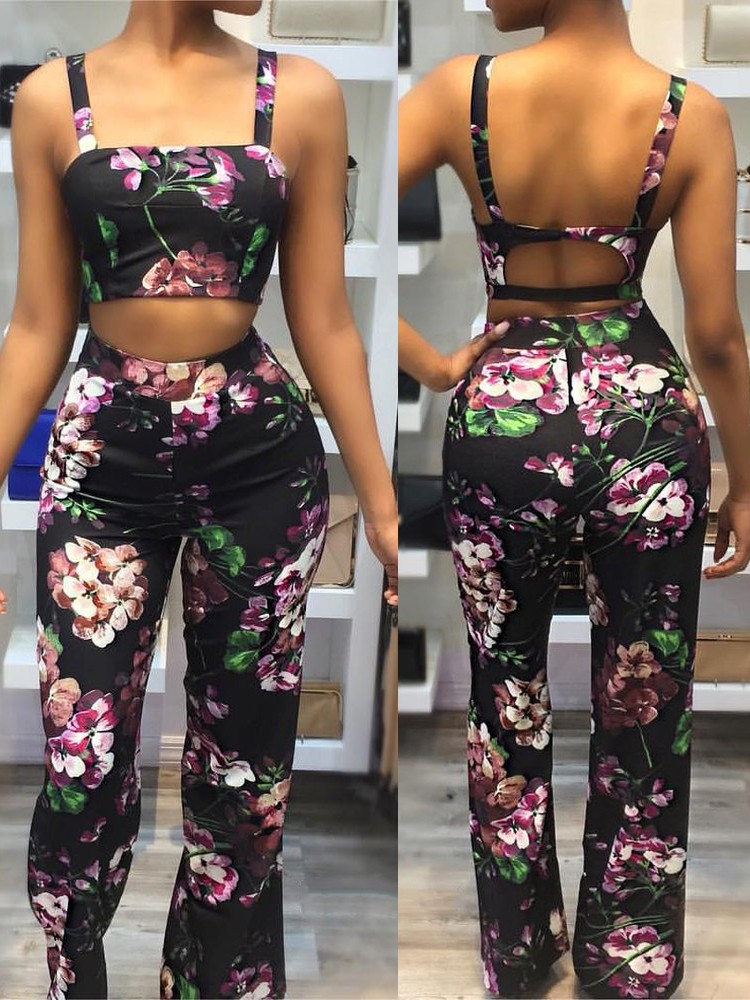 Vintage Floral Print Backless Cropped Flares Pantsuit