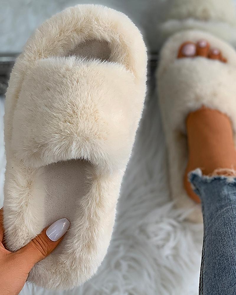Plain Peep Toe Fluffy Slippers