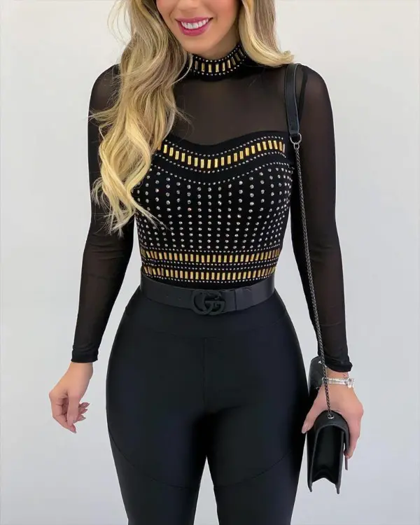 Rhinestone Decor Sheer Mesh Long Sleeve Top