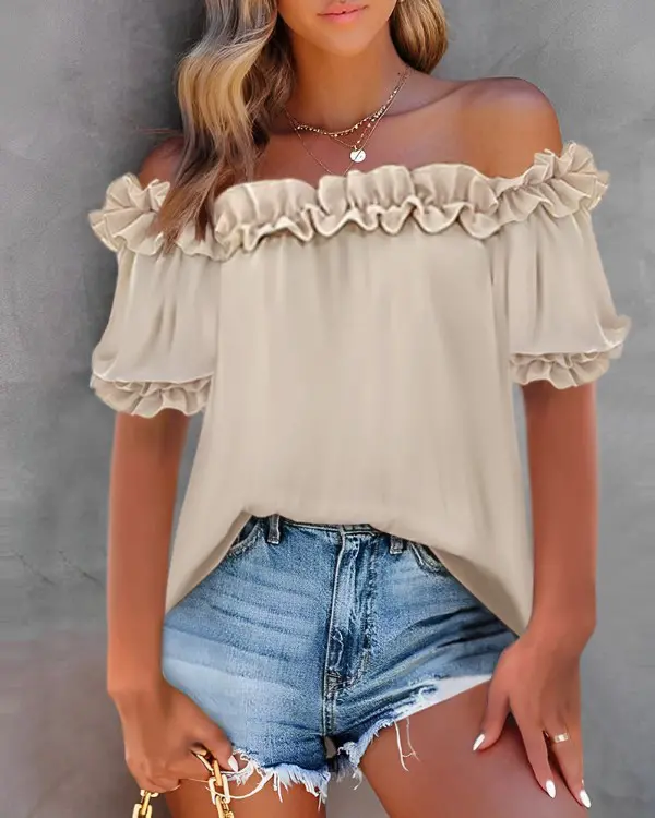 Frill Hem Off Shoulder Short Sleeve Top