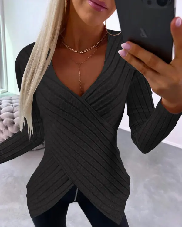 V-Neck Overlap Asymmetrical Long Sleeve Top