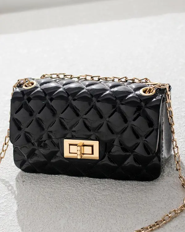 Quilted Twist Lock Chain Strap Flap Crossbody Bag