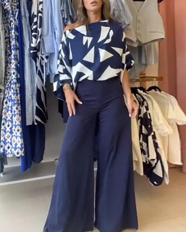 Colorblock Batwing Sleeve Top & Wide Leg Pants Set