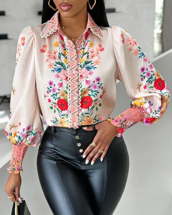 Floral Print Lantern Sleeve Shirred Top